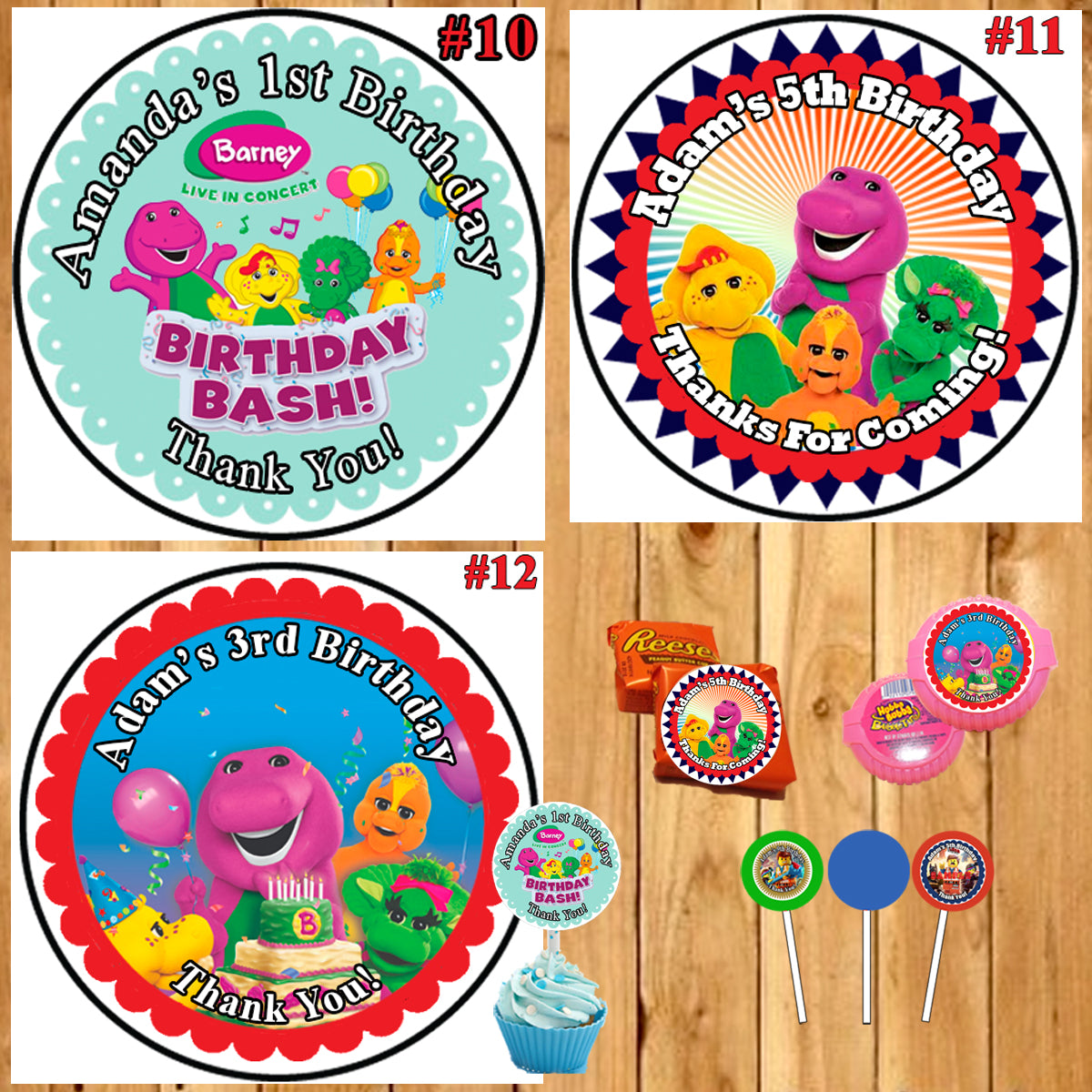Barney Birthday Round Stickers Printed 1 Sheet Cup Cake Toppers Favor ...