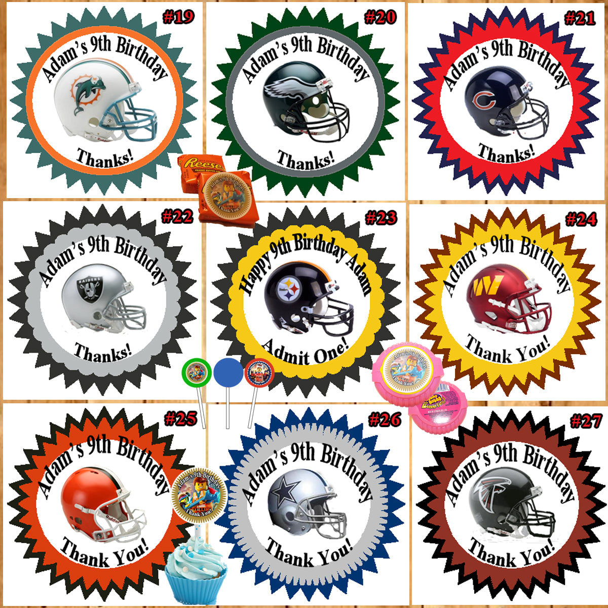 Football NFL Birthday Round Stickers 1 Sheet Printed Personalized Cust ...
