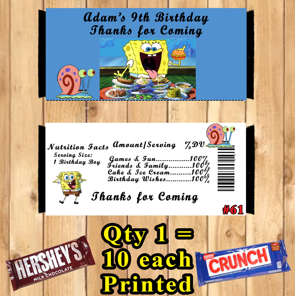 Spongebob Birthday Candy Bar Wrappers 10 ea Personalized – Virginia ...