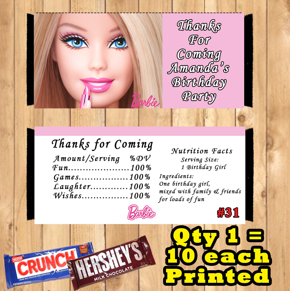 Barbie Printed Birthday Candy Bar Wrappers 10 ea Personalized Custom M ...