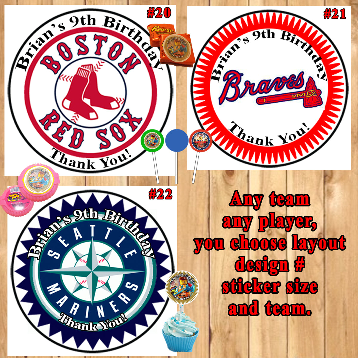 Baseball MLB Birthday Favor Round Stickers 1 Sheet Personalized ...