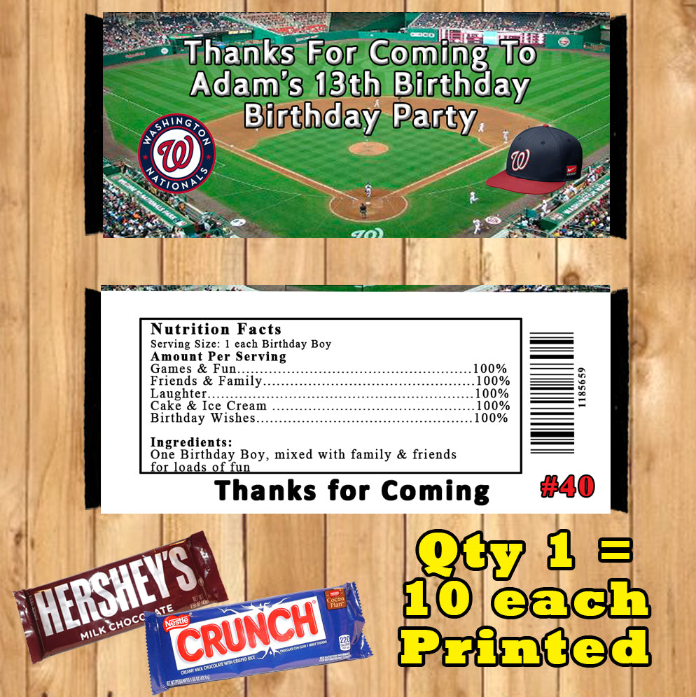 Baseball MLB Printed Birthday Candy Bar Wrappers 10 ea Personalized Cu ...