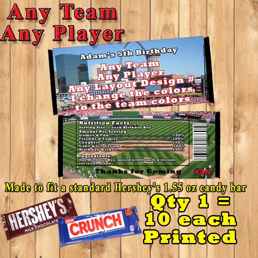 Baseball MLB Printed Birthday Candy Bar Wrappers 10 ea Personalized Cu ...