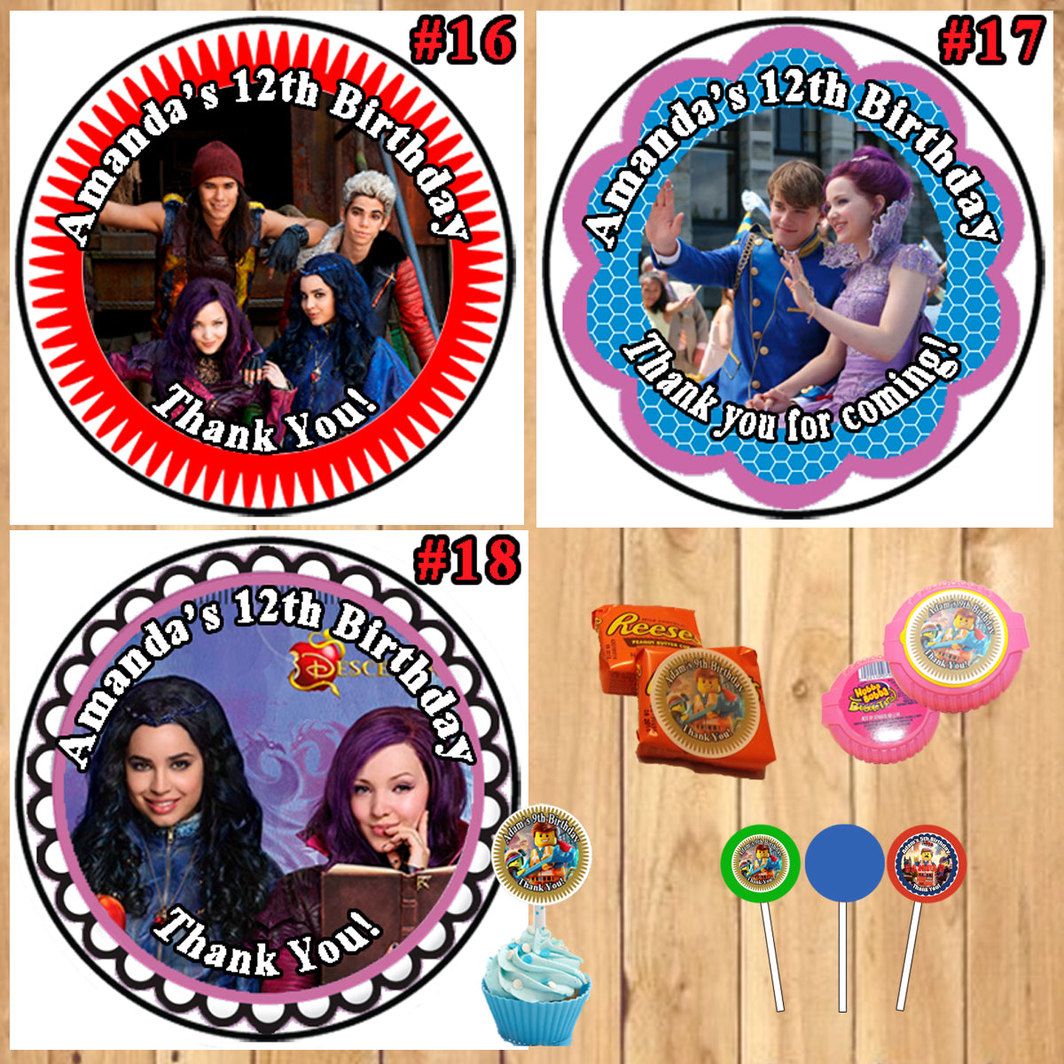 Descendants Birthday Round Stickers Printed 1 Sheet Cup Cake Toppers F ...
