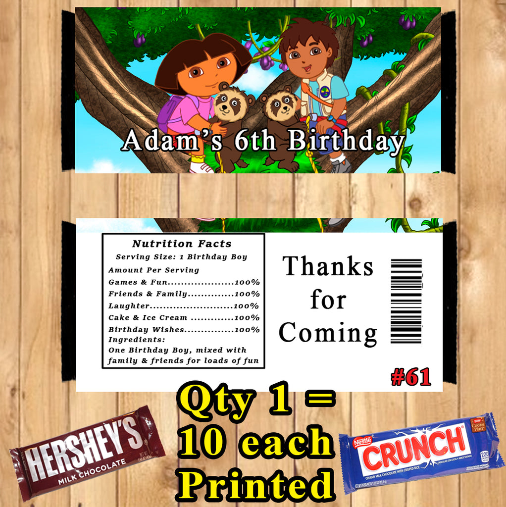 Dora The Explorer or Go Diego Go Printed Birthday Candy Bar Wrappers 1 ...
