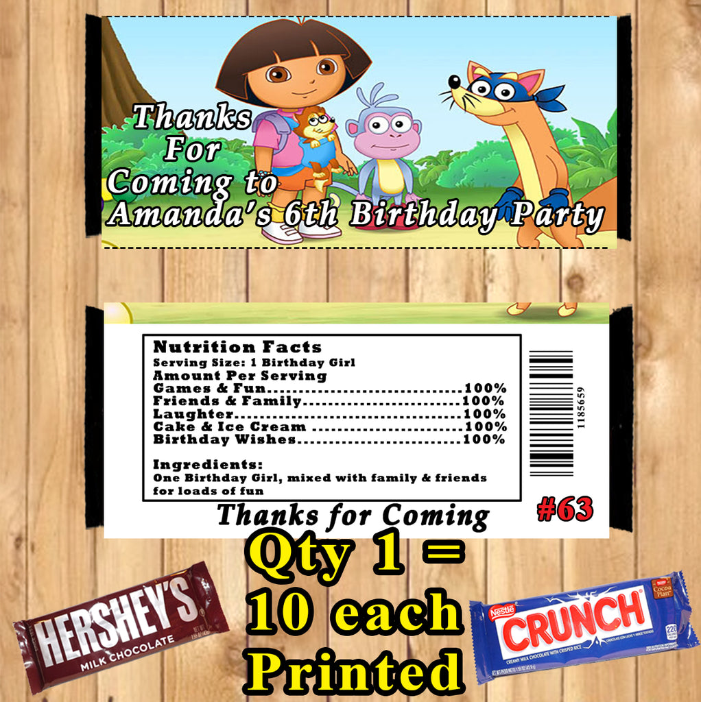 Dora The Explorer or Go Diego Go Printed Birthday Candy Bar Wrappers 1 ...