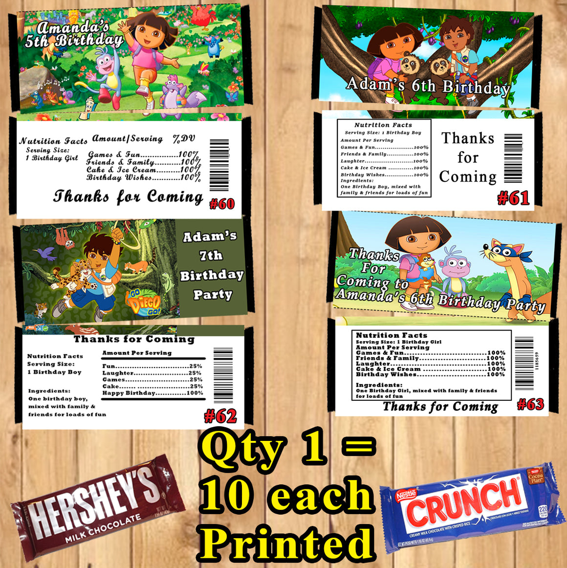 Dora The Explorer or Go Diego Go Printed Birthday Candy Bar Wrappers 1 ...