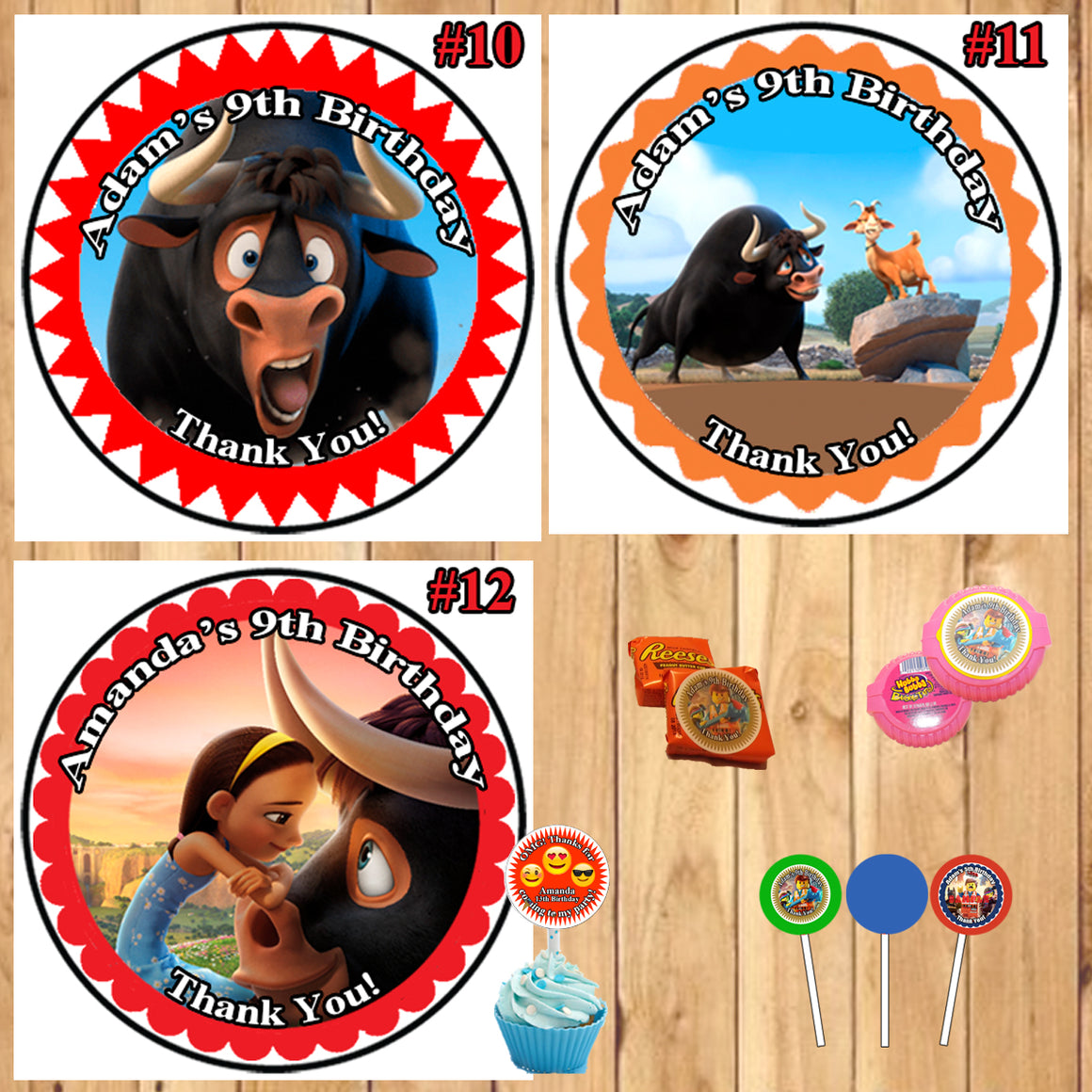 Ferdinand Birthday Round Stickers Printed 1 Sheet Cup Cake Toppers Fav ...