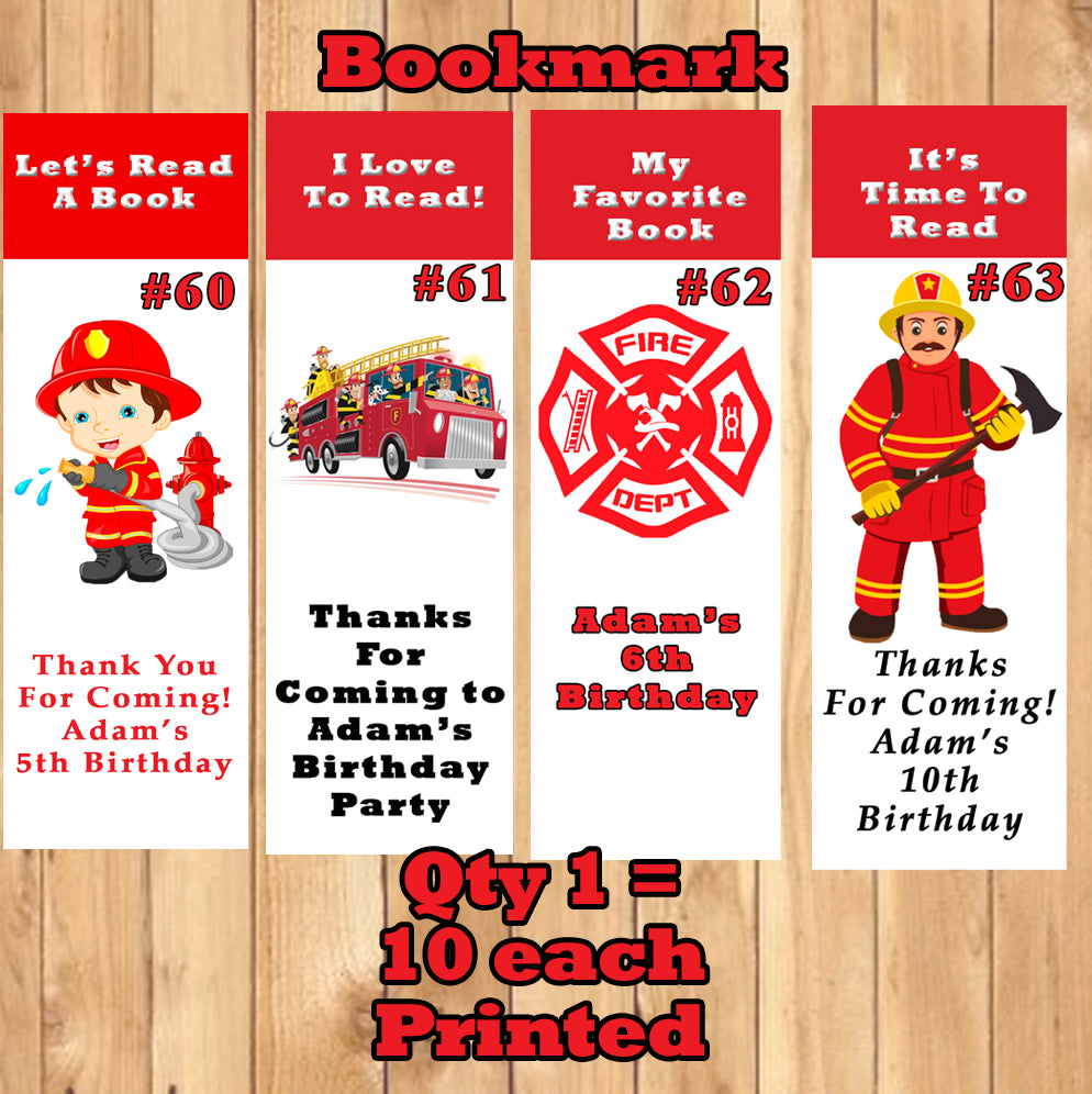 Firefighter Fire Truck Fireman Birthday Bookmarks 10 ea Personalized C ...