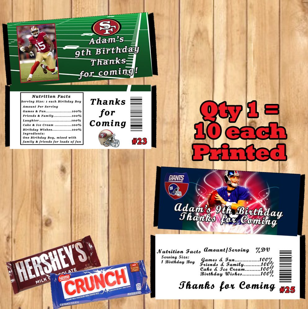 Football NFL Birthday Candy Bar Wrappers 10 each Printed Personalized ...
