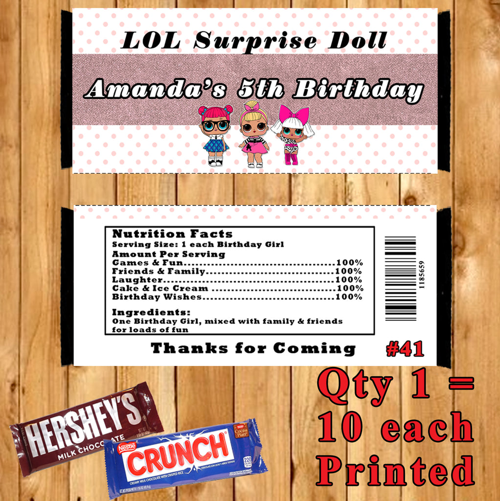LOL Surprise Doll Printed Birthday Candy Bar Wrappers 10 ea Personaliz ...