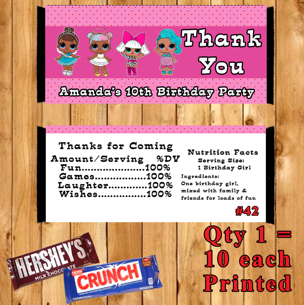 LOL Surprise Doll Printed Birthday Candy Bar Wrappers 10 ea Personaliz ...