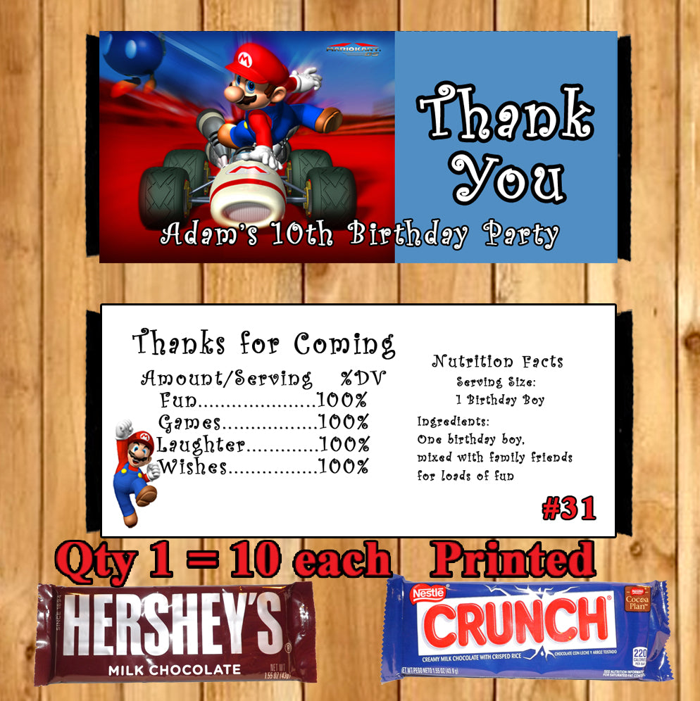 Super Smash Mario Brothers Printed Birthday Candy Bar Wrappers 10 ea P ...