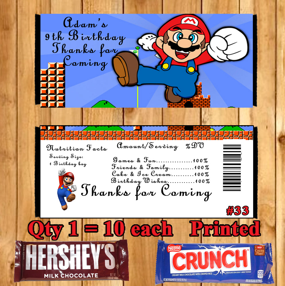 Super Smash Mario Brothers Printed Birthday Candy Bar Wrappers 10 ea P ...