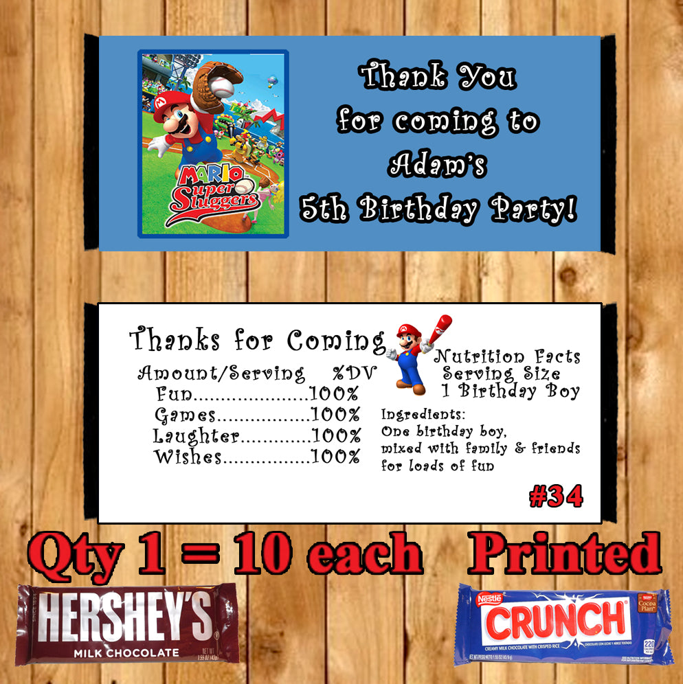Super Smash Mario Brothers Printed Birthday Candy Bar Wrappers 10 ea P ...