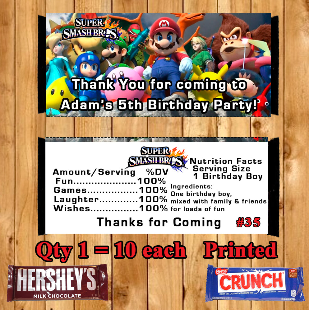 Super Smash Mario Brothers Printed Birthday Candy Bar Wrappers 10 ea P ...