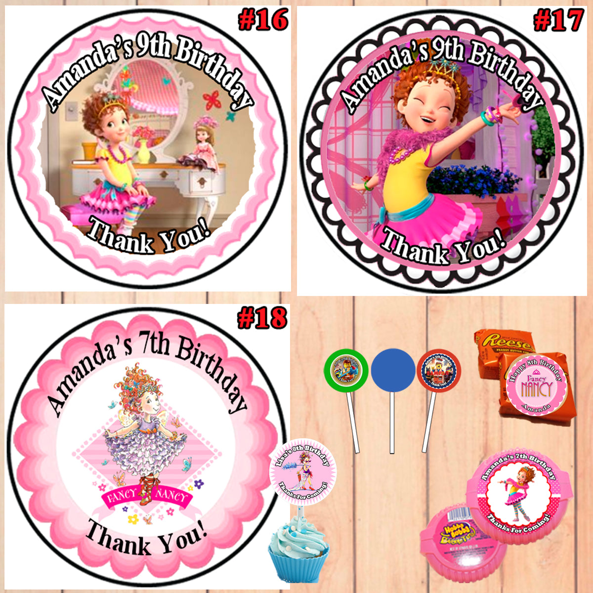 Fancy Nancy Dress Up Birthday Round Stickers Printed 1 Sheet Cup Cake ...