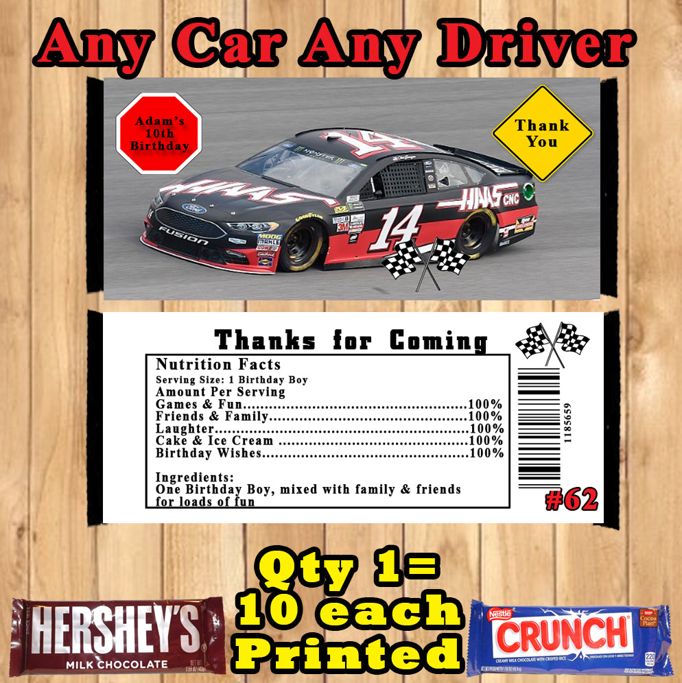 Nascar Printed Birthday Candy Bar Wrappers 10 ea Personalized Custom M ...