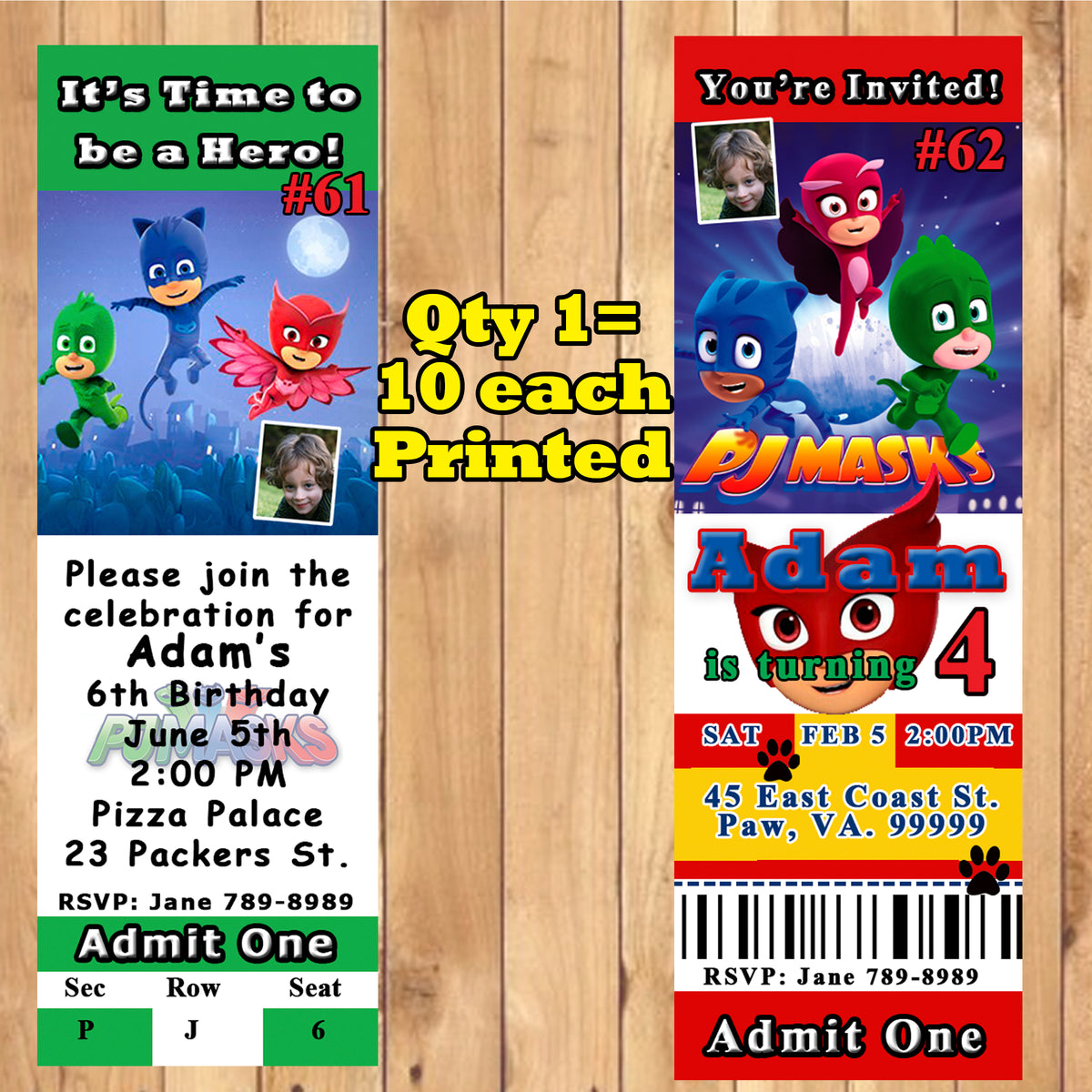 PJ Masks Birthday Invitations Printed 10 ea with Env Personalized Cust ...