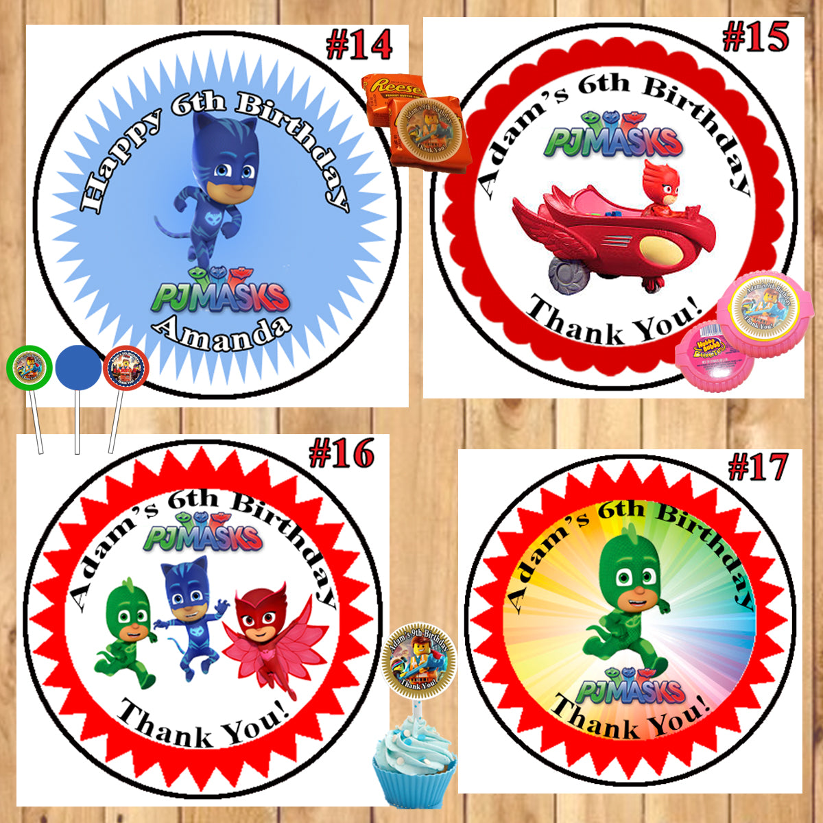 PJ Masks Birthday Round Stickers Printed 1 Sheet Cup Cake Toppers Favo ...