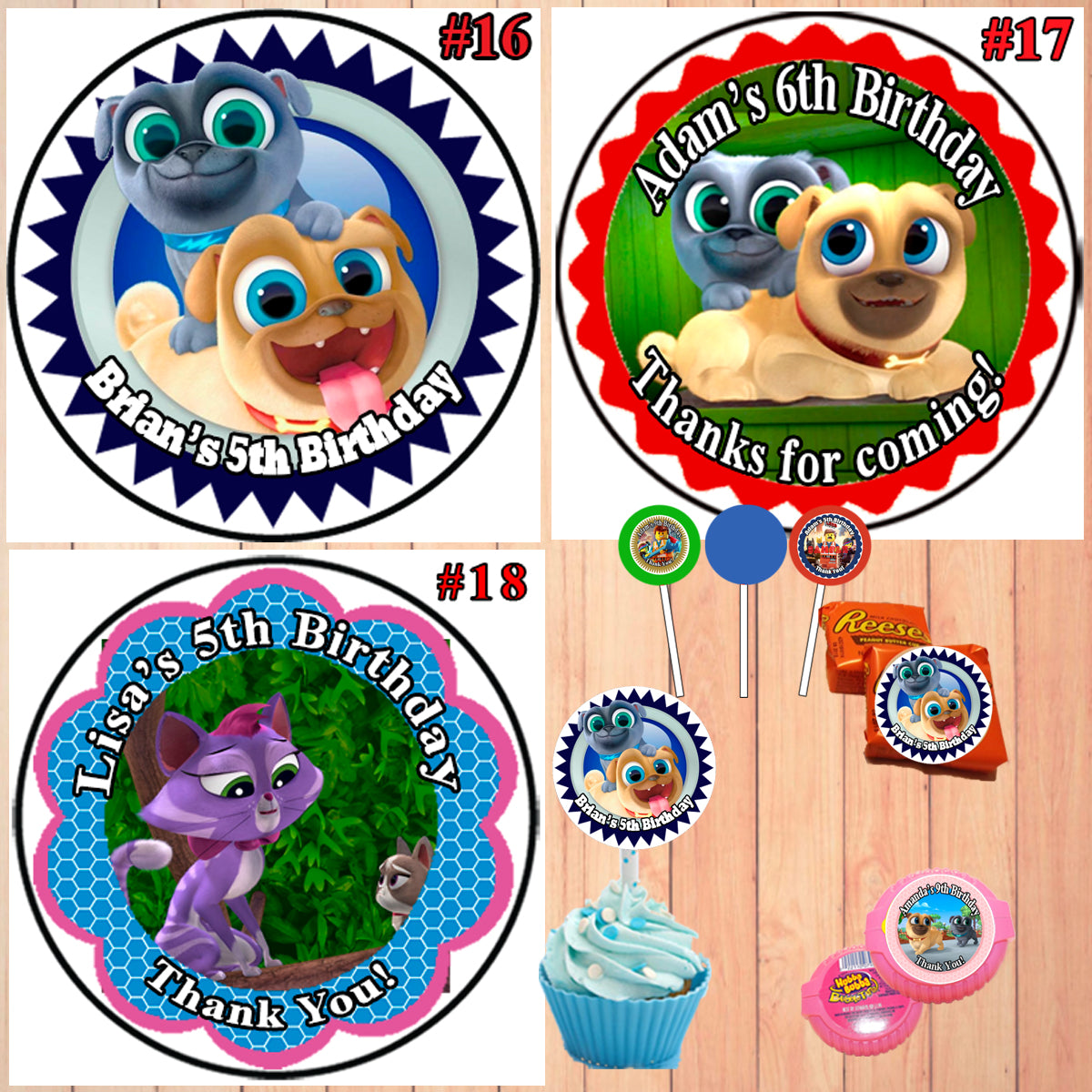 Puppy Dog Pals Birthday Round Stickers Printed 1 Sheet Cup Cake Topper ...