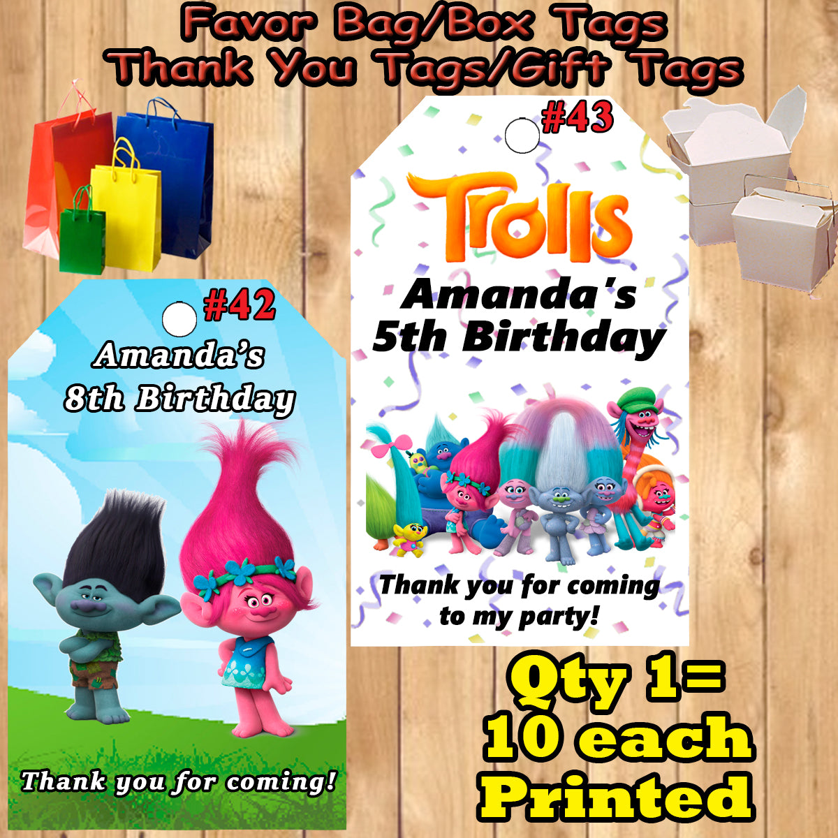 Trolls Birthday Favor Thank You Gift Tags 10 ea Personalized Custom Ma ...